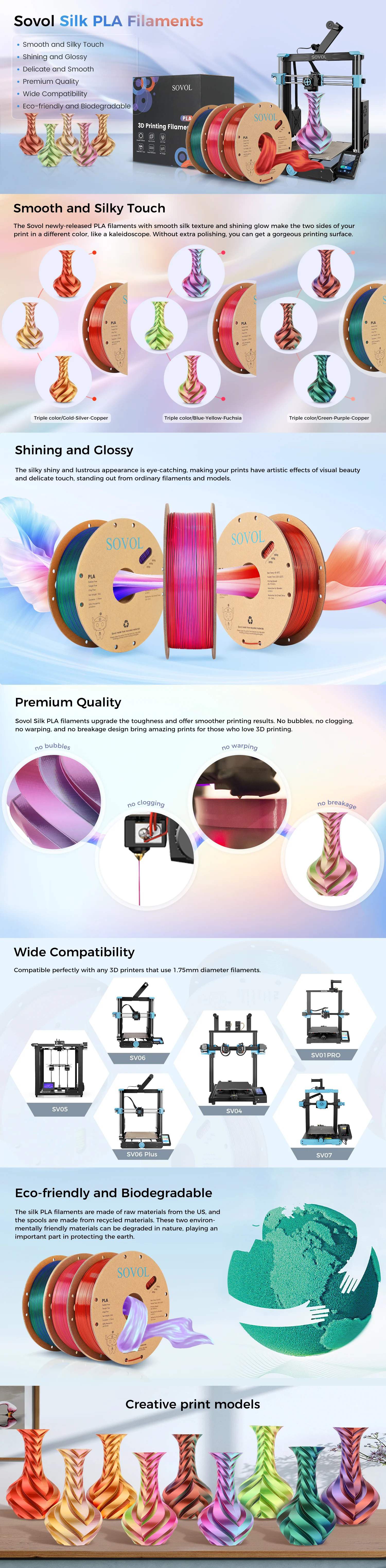 Sovol Triple Color Silk Seriers 1.75mm PLA 3D Printing Filament 1KG/Roll